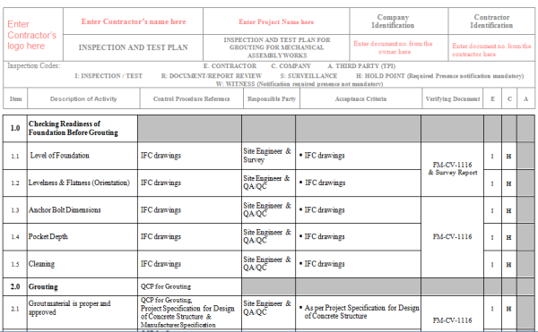 Full ITP for Grouting for Mechanical Assembly Works with Checklists ...