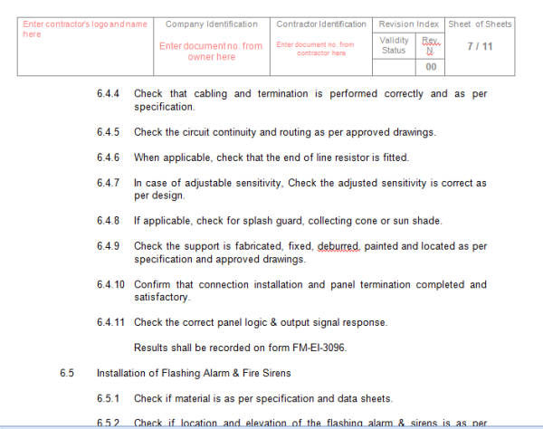 Full ITP for Fire & Gas Detection System Installation with Checklists ...