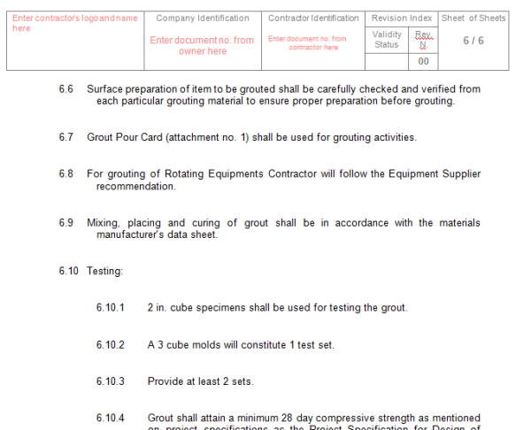 Full ITP for Grouting for Mechanical Assembly Works with Checklists ...