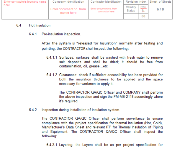 Full ITP for Thermal Insulation of Piping & Equipment with Checklists ...