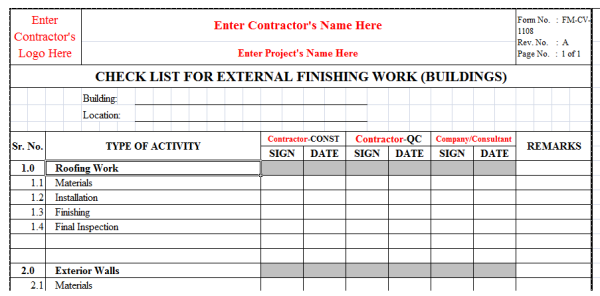 Full ITP for External Building Finishes with Checklists [Editable]