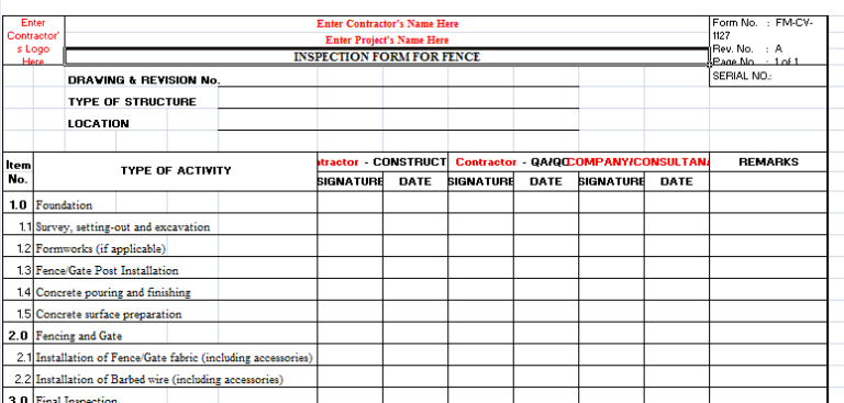 Full ITP for Fence Installation with Checklists [Editable]