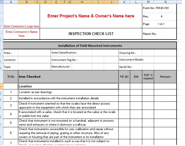 Full ITP for Field Mounted Instruments Installation with Checklists ...