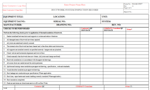 Full ITP for HVAC Systems Installation with Checklists [Editable]