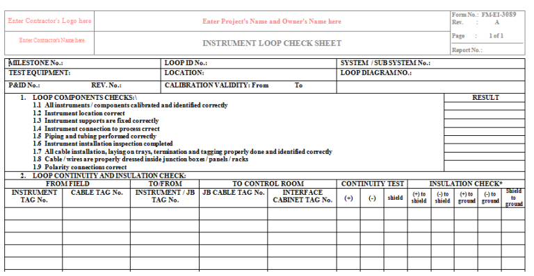 Full Itp For Instrument Loop Checks With Checklists Editable