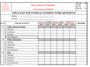 Full ITP for Internal Building Finishes with Checklists [Editable]