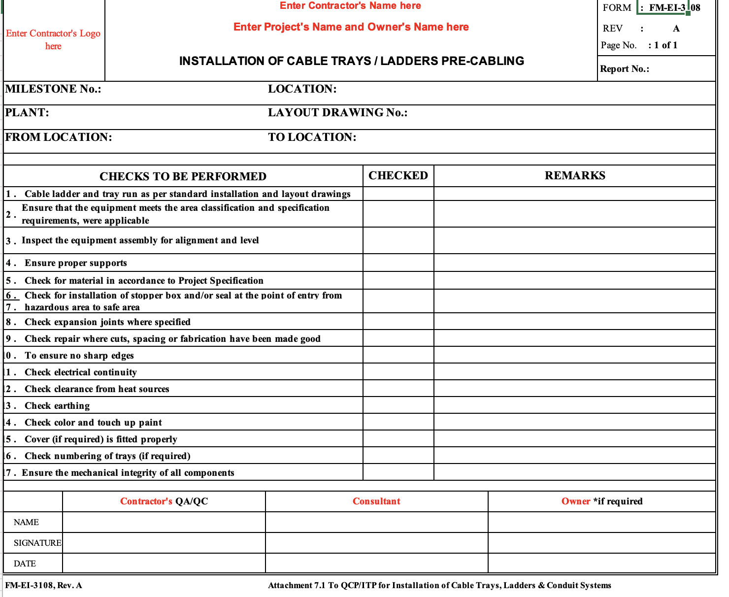 Full ITP for Cable Trays, Ladders & Conduit Installation with ...